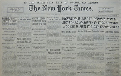 PROHIBITION REPORT 1-1931 JANUARY 21 WICKERSHAM REPORT OPPOSES REPEAL ...
