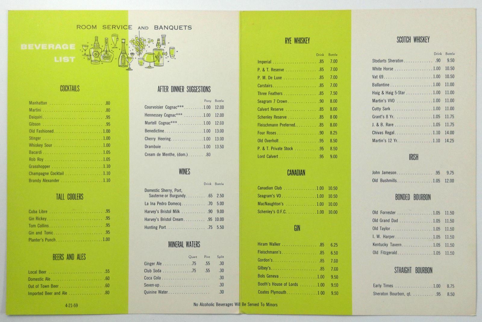 1959 Vintage Beverage Drink Menu SHERATON MCALPIN Restaurant New York ...