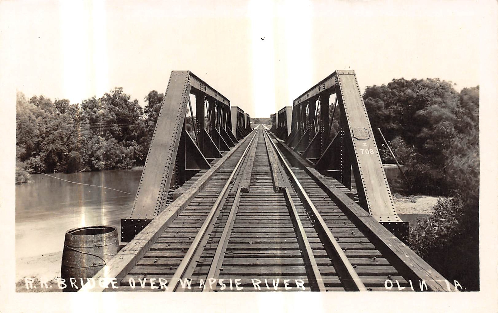 OLIN Iowa postcard RPPC US USA railroad trestle bridge over Wapsie ...