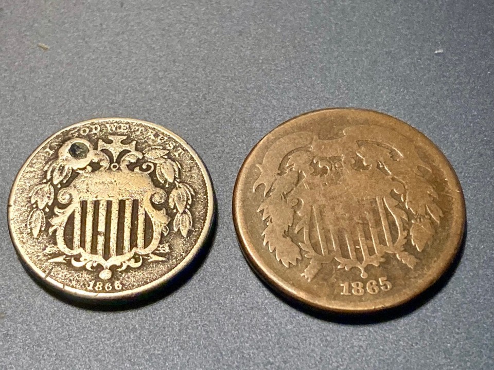 Civil War Coins: 1866 Shield Nickel - WITH RAYS + 1865 2-cent Copper ...