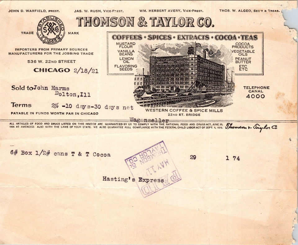 Thomson & Taylor Chicago IL 1921 Billhead Western Coffee & Spice Mills ...