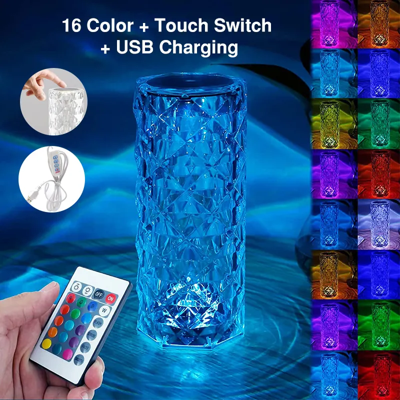 LED Crystal Table Lamp Diamond Rose Bar Night Light Touch Atmosphere ...