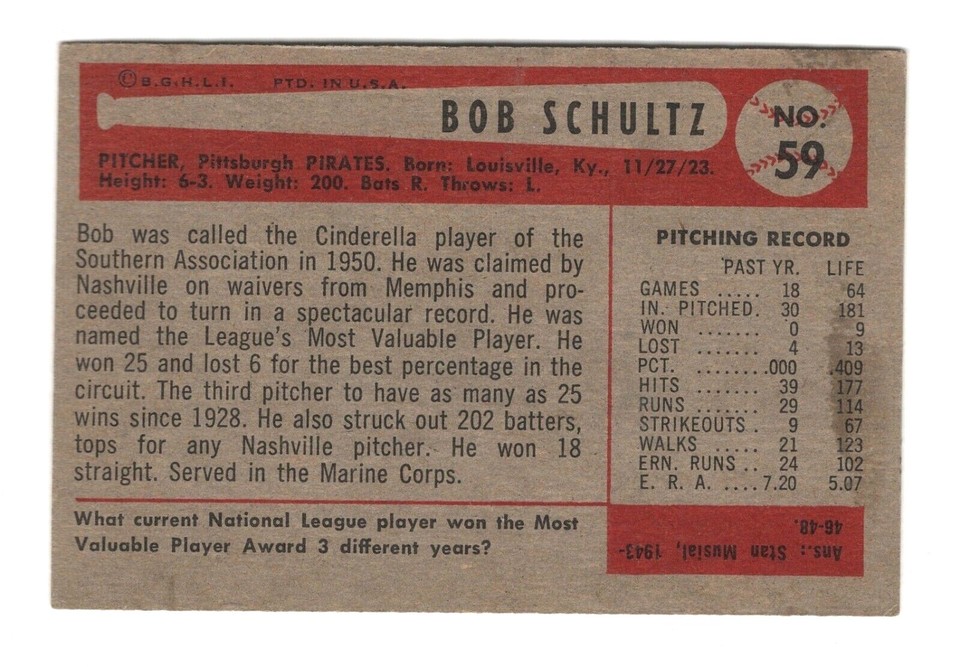 1954 Bowman Baseball Card #59 Bob Schultz – Pittsburgh Pirates | eBay