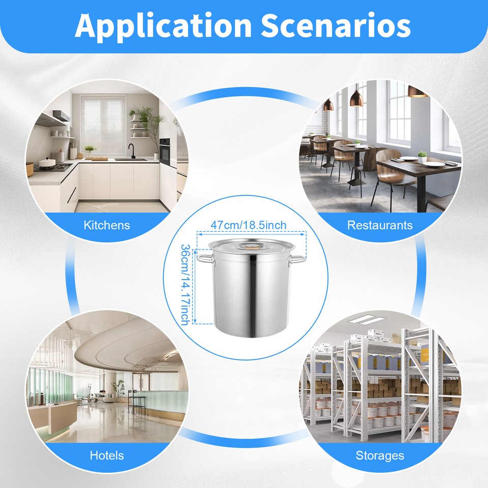 35L/9.25Gal Stock Pot Stainless Steel Large Kitchen Soup Big Cooking ...