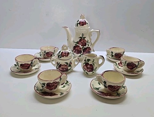 VTG 15 pc. TEA SET CHILDREN'S DISHES PORCELAIN FLORAL BURGUNDY GREEN | eBay