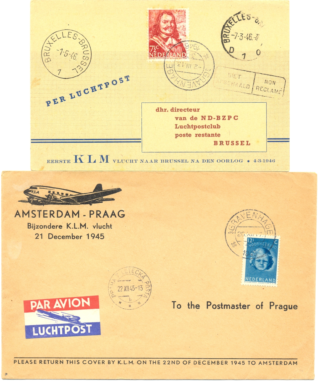 NETHERLANDS-KLM - AIRMAIL 1945/46 - 4 x SPEC COVER / SPEC FLIGHT CV ...