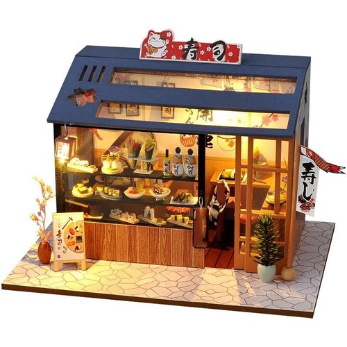 Mini Sushi House DIY Miniature Wooden Dollhouse LED Lights Doll House ...