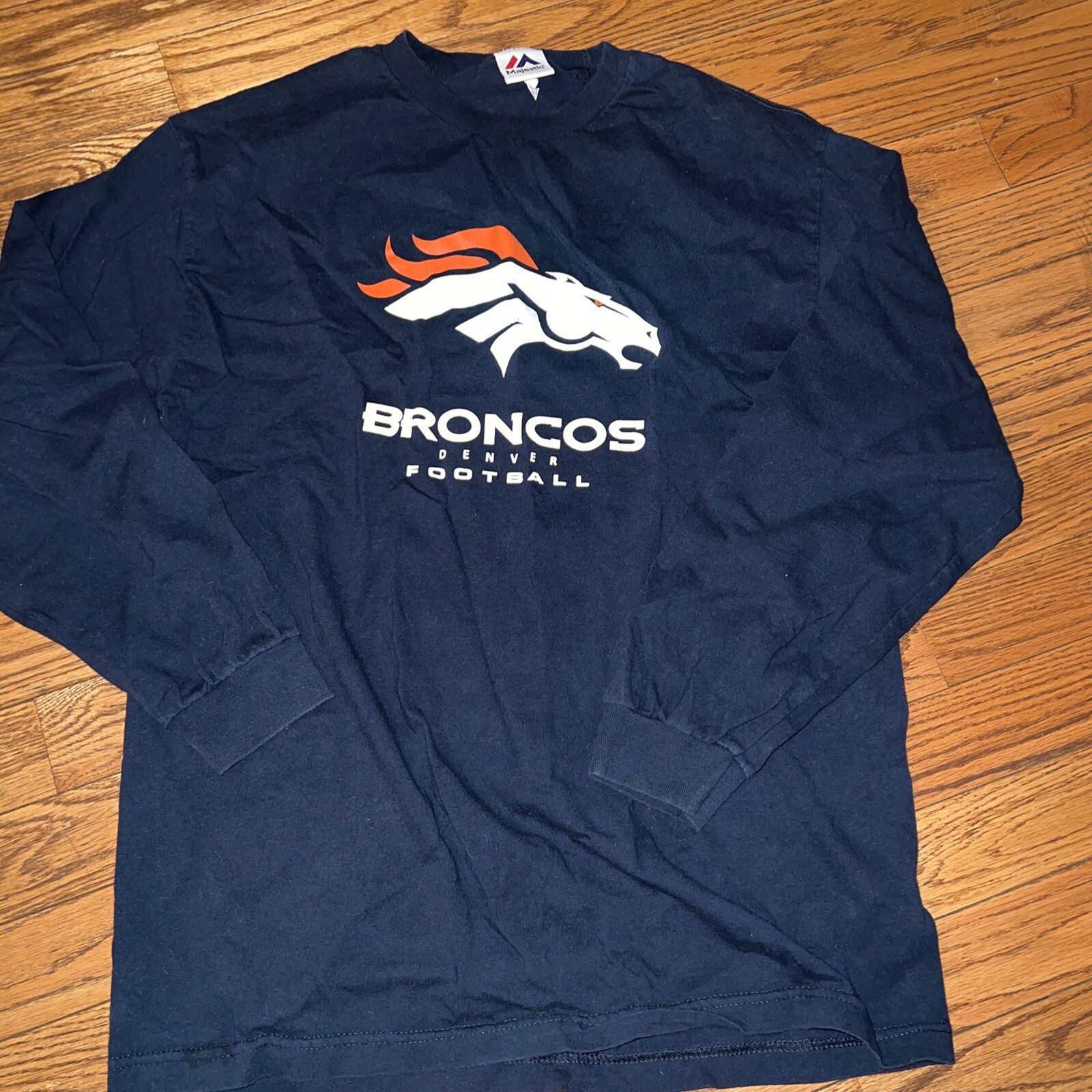 DENVER BRONCOS Shirt LARGE MAJESTIC NFL Team GEAR Navy Blue Long Sleeve ...
