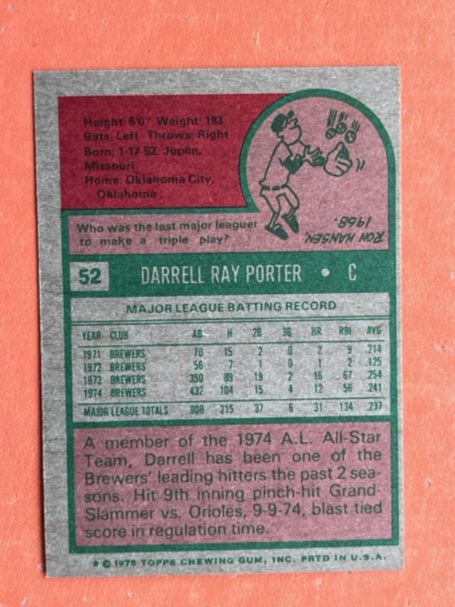 Darrell Porter #52 Topps 1975 Brewers EX SHIPS FREE IN NEW TOP LOADER ...