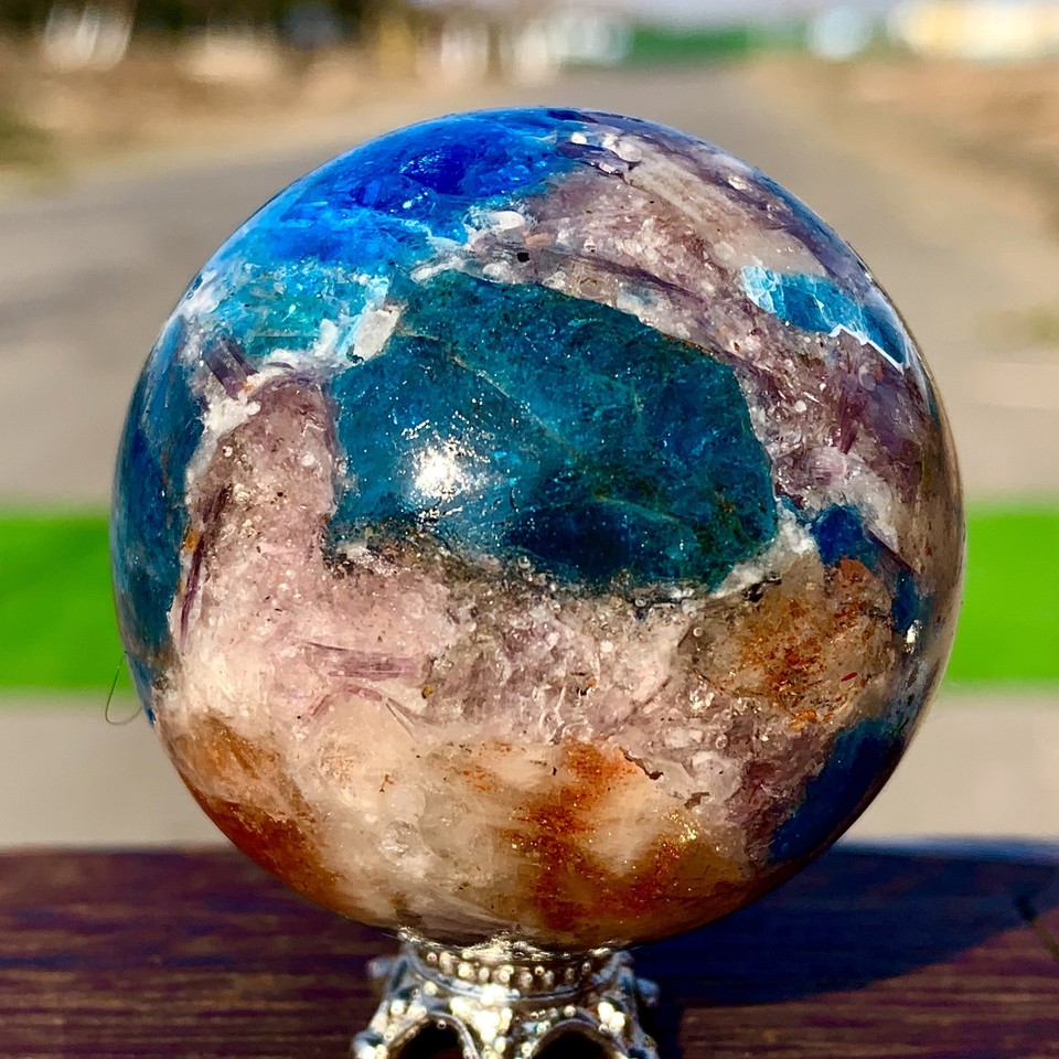 113GNaturalRare Blue Aptite+Sun Stone Sphere mineral sample energy ...