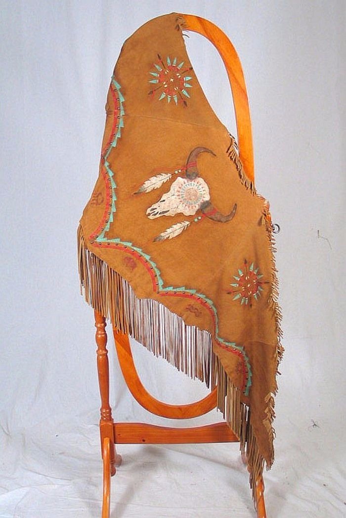 Western Style FEATHER SHIELD LEATHER SHAWL Boar Skin Suede w Fringes 72 ...