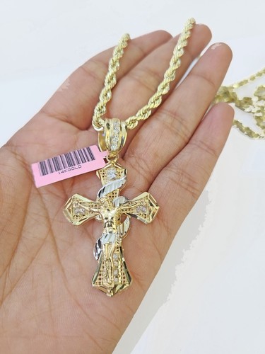 14k Yellow Gold Rope Chain & Jesus Swirl Cross Charm SET 4mm 24 Inches ...