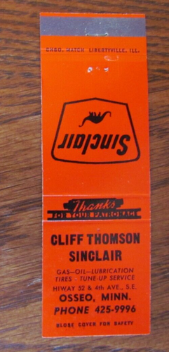 CLIFF THOMPSON SINCLAIR GAS STATION MATCHBOOK COVER: OSSEO, MN ...