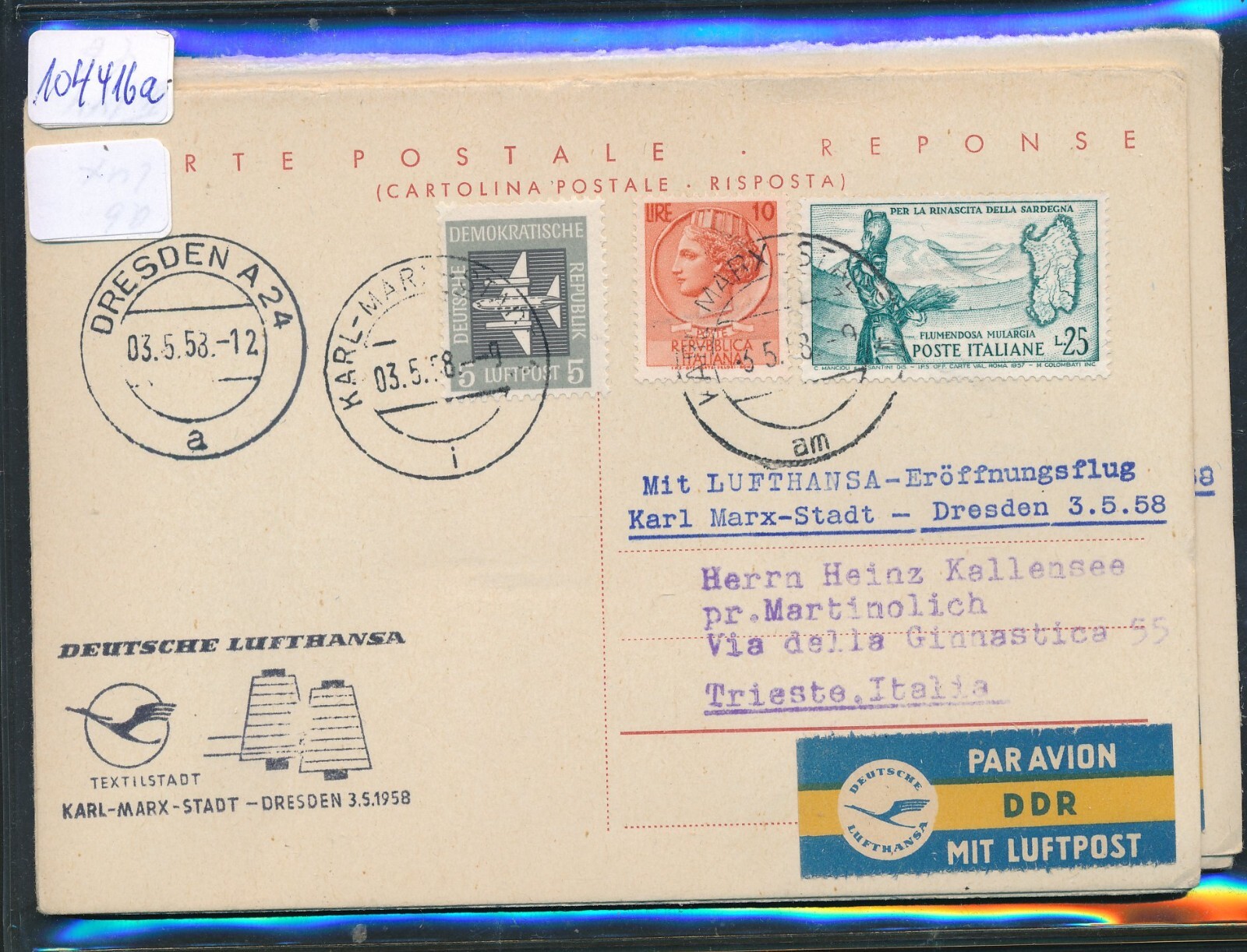104416a) DDR DLH FF KMS - Dresden 3.5.58, Italien AK-AT MiF + DDR ...
