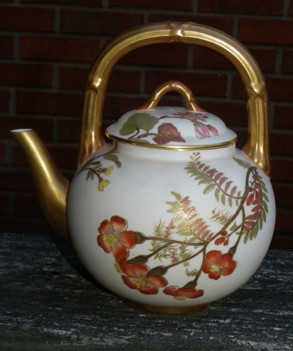 6 1/2" Antique Royal Worcester Teapot-Flowers-Bamboo-Look Handle-c ...