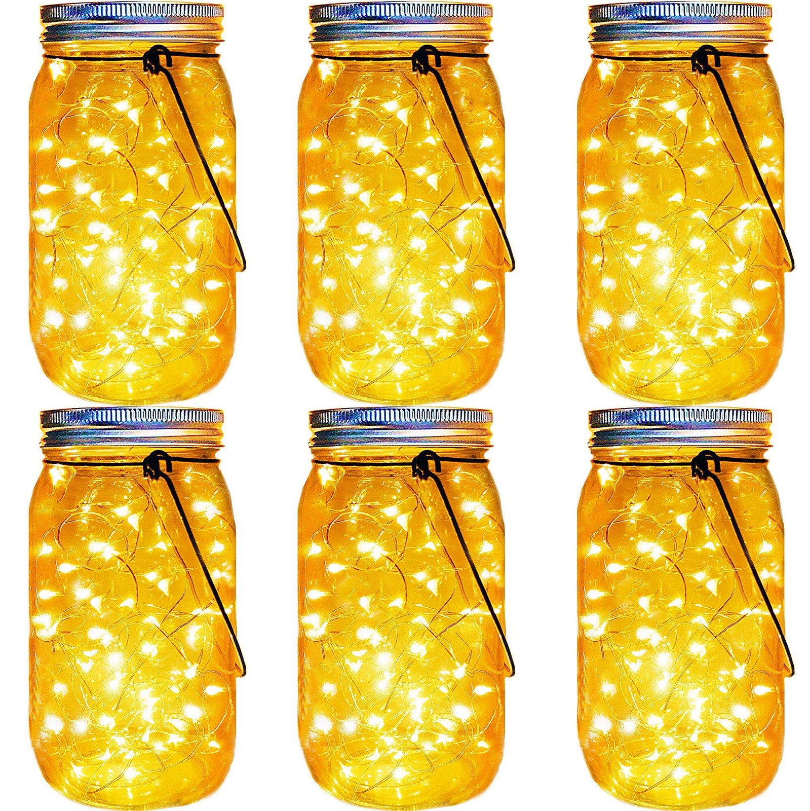 Solar Mason Jar Lights 30 LED, 6 Pack Large Size Hanging Glass Jar ...
