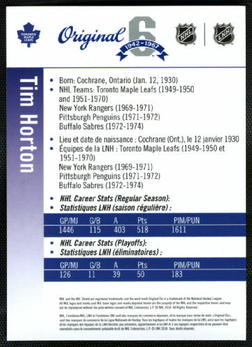 TIM HORTON NHL TORONTO MAPLE LEAFS ORIGINAL 6 CANADA POST STAMP - CARD ...