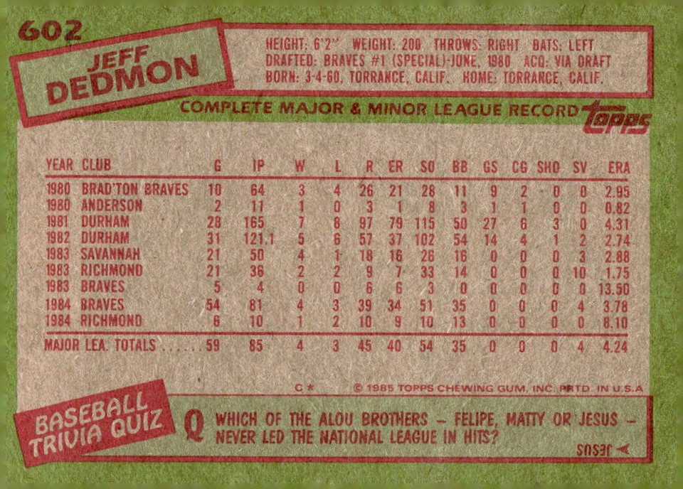 1985 Topps #602 Jeff Dedmon - Atlanta Braves | eBay