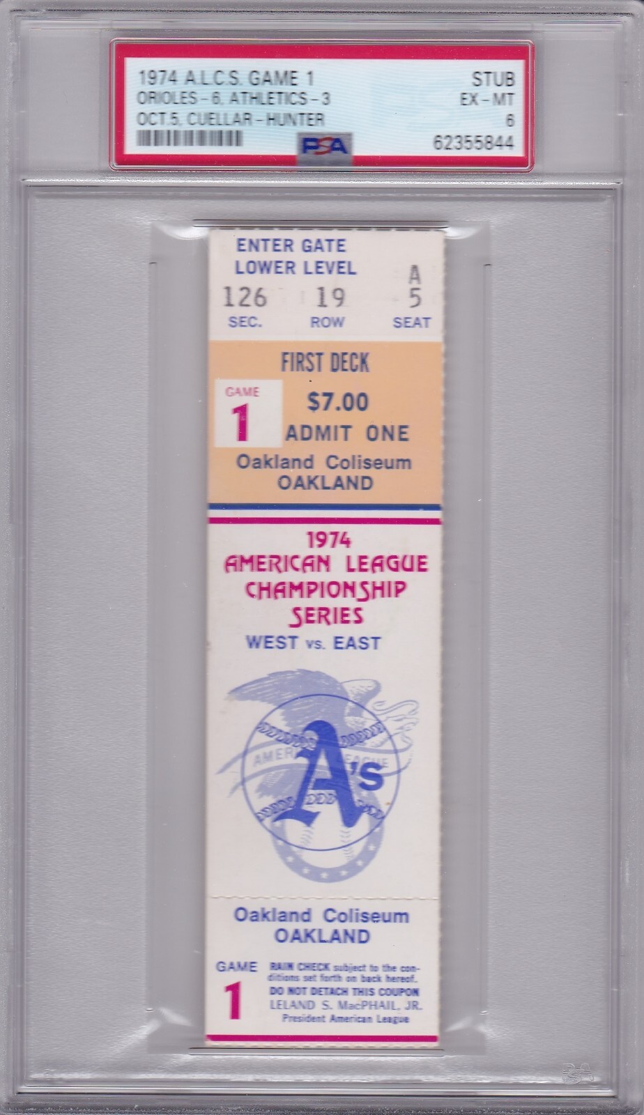 1974 ALCS Ticket STUB Game 1 PSA 6 EX/MT Oakland A'S / ORIOLES rare 1/2 ...