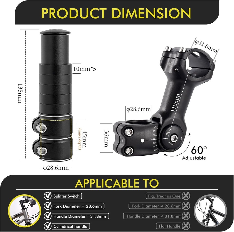 Adjustable Bike Stem Riser, Bike Handlebar Extender Set 31.8mm 60° for ...