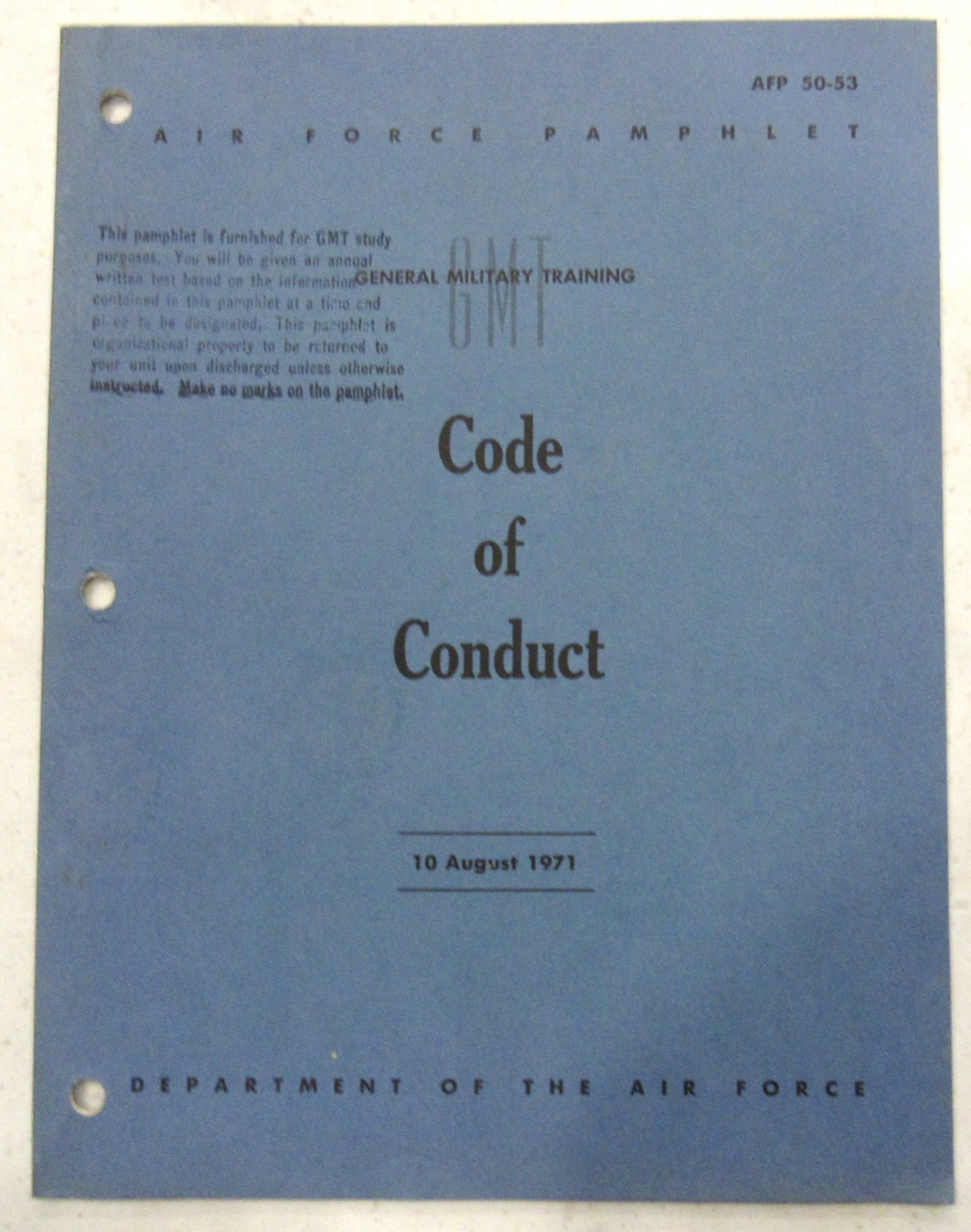 1971 US Air Force Code of Conduct Booklet GMT General Military Training ...
