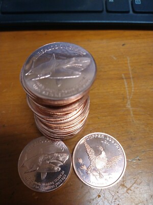 COPPER BULLION ROUND- 1 OUNCE-MEGALODON SHARK- LOT OF (20) .999 COPPER ...