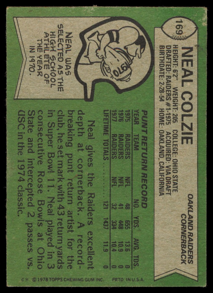 1978 Topps #169 Neal Colzie RC Oakland Raiders | eBay