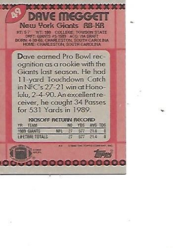 Dave Meggett 1990 Topps Football Super Rookie #49 New York Giants NM | eBay