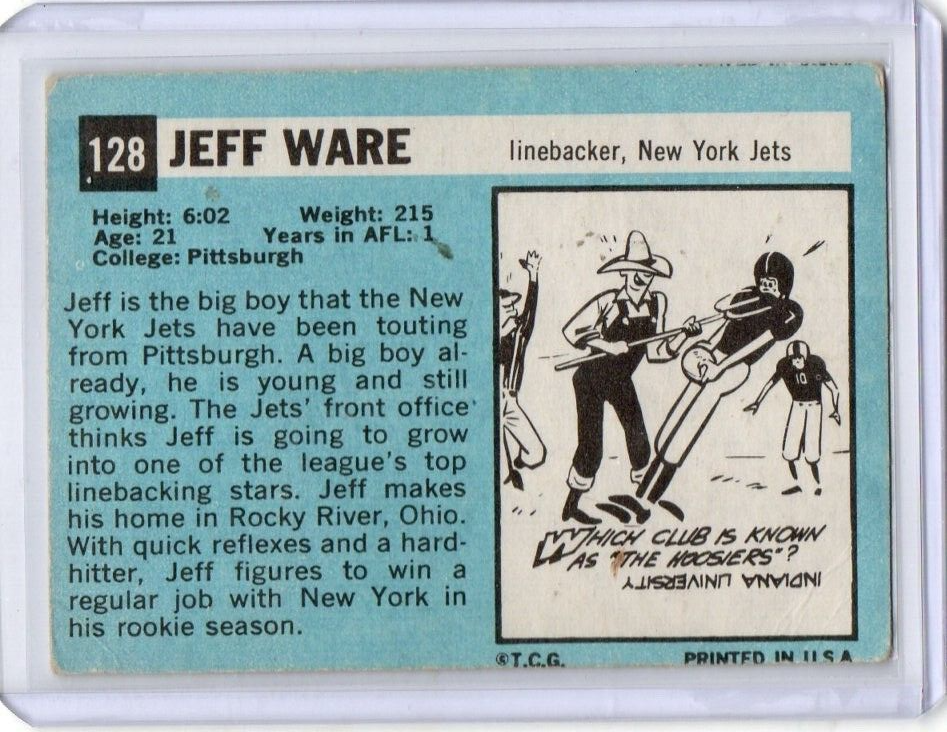 JEFF WARE 1964 TOPPS FOOTBALL CARD #128 JETS VG LOT-17 | eBay