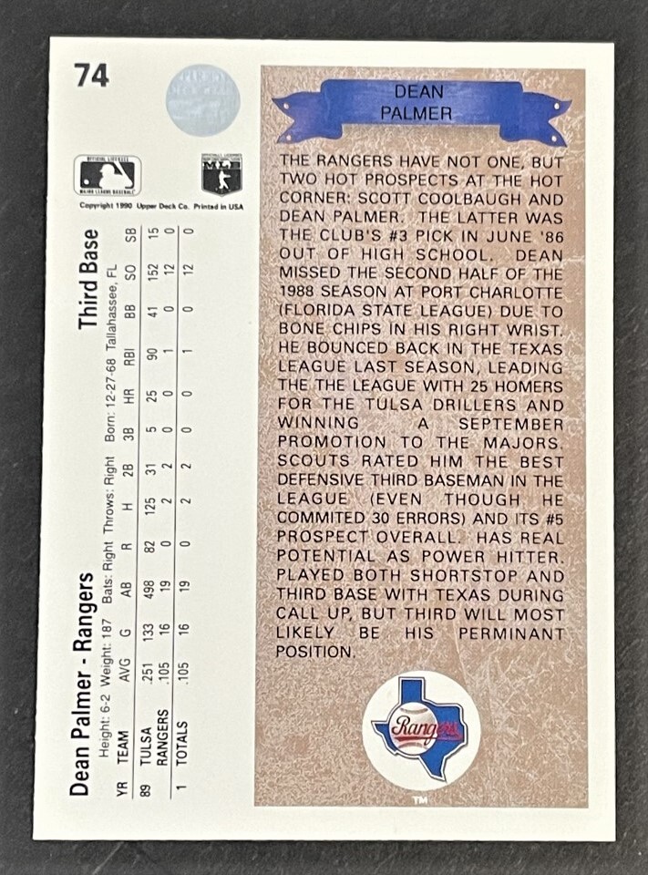 1990 Upper Deck Dean Palmer Rookie Card #74 - Texas Rangers | eBay