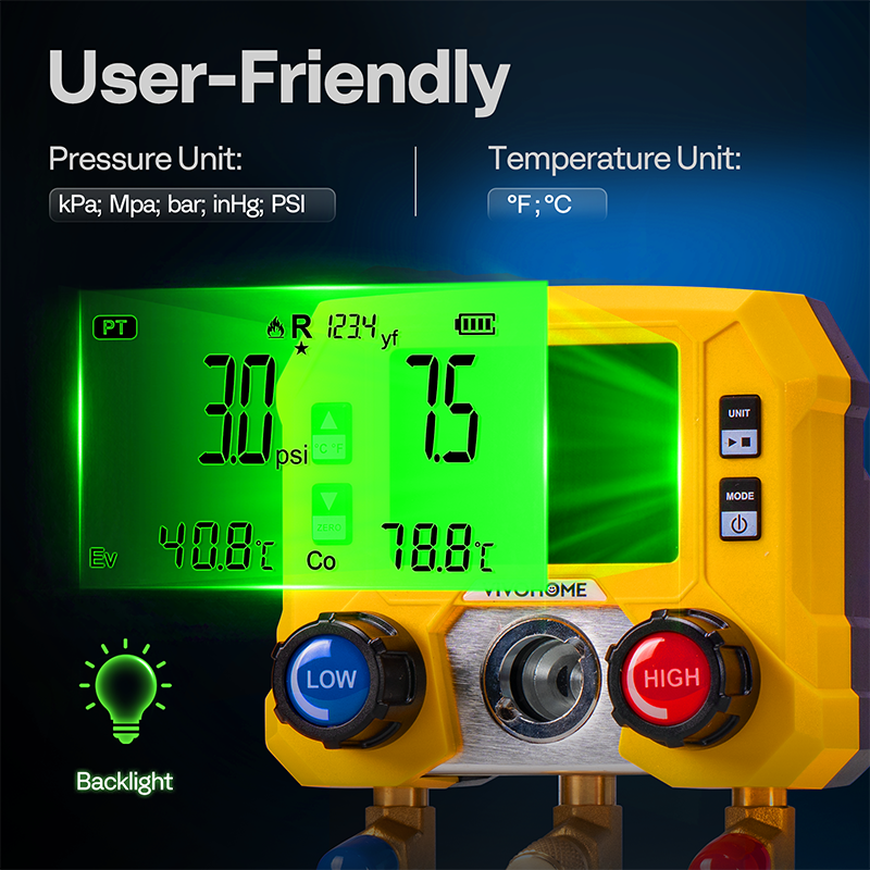 Refrigeration Digital AC Manifold Gauge Set 3 Way HVAC Gauges for ...