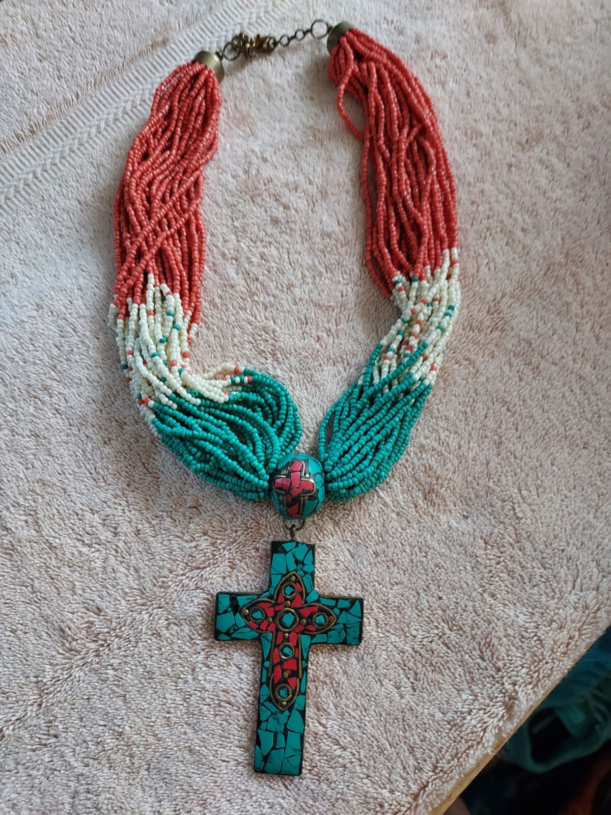 Multi Colored Seed Bead Strand Cross Necklace - Gem