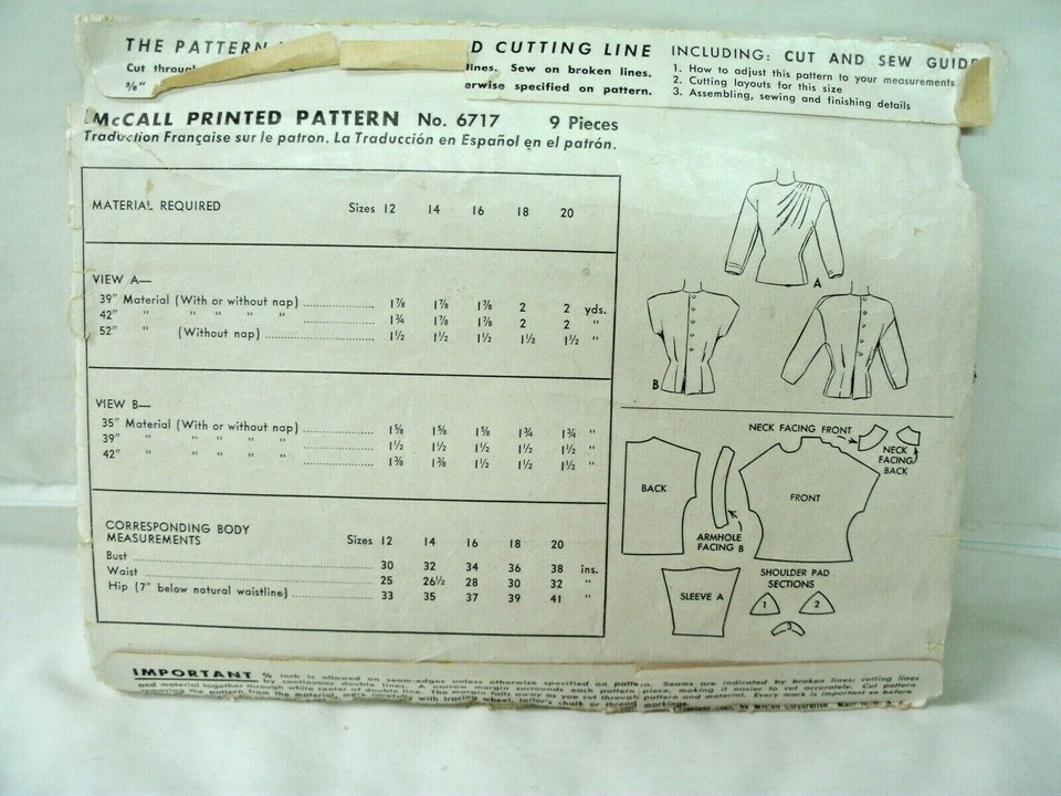 VTG 1945? McCALL'S Pattern--#6717--Ms Blouse-Drape Front--Sz.12/B30 | eBay