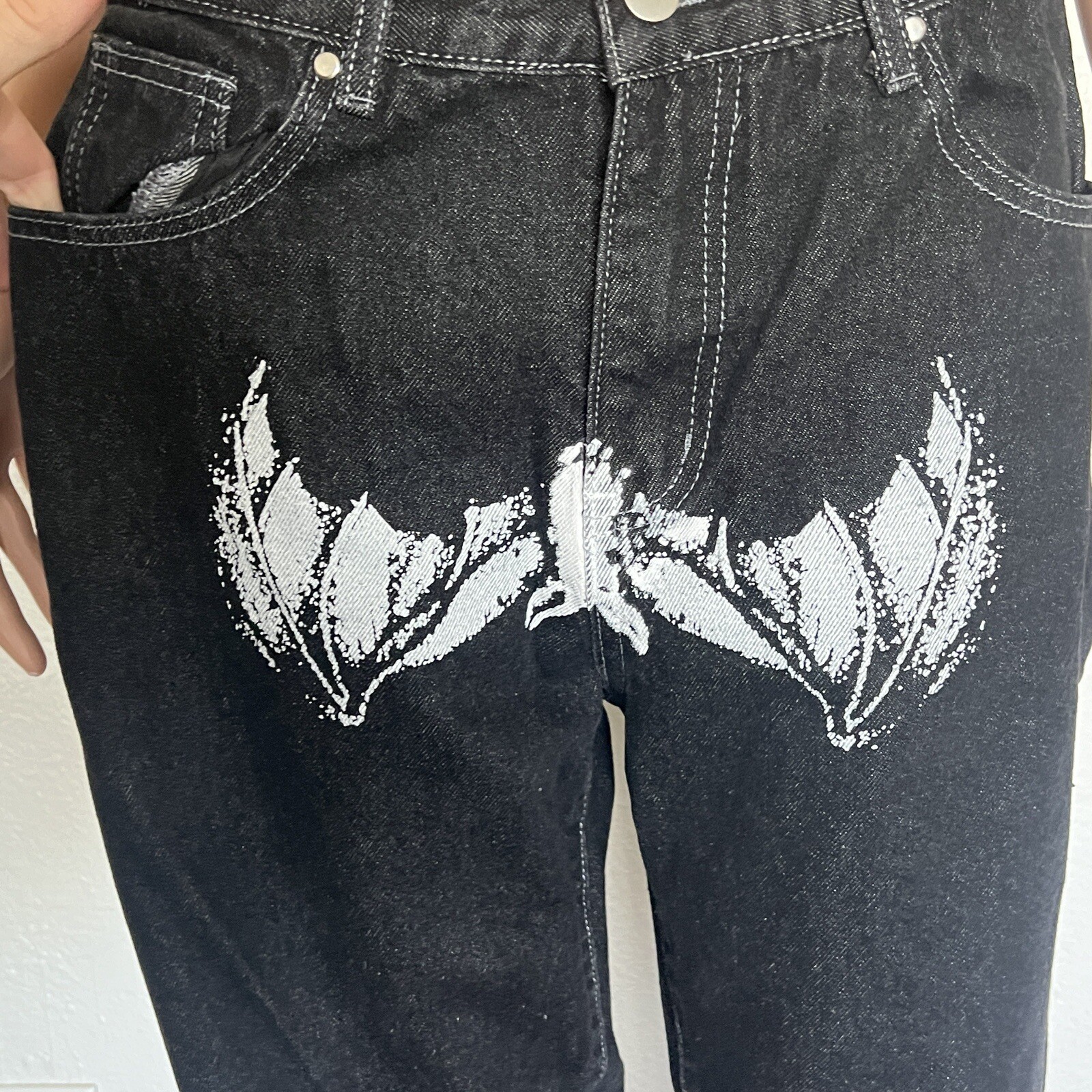 Hand painted Goth/Horror Black Baggy Jeans with Bat &… - Gem