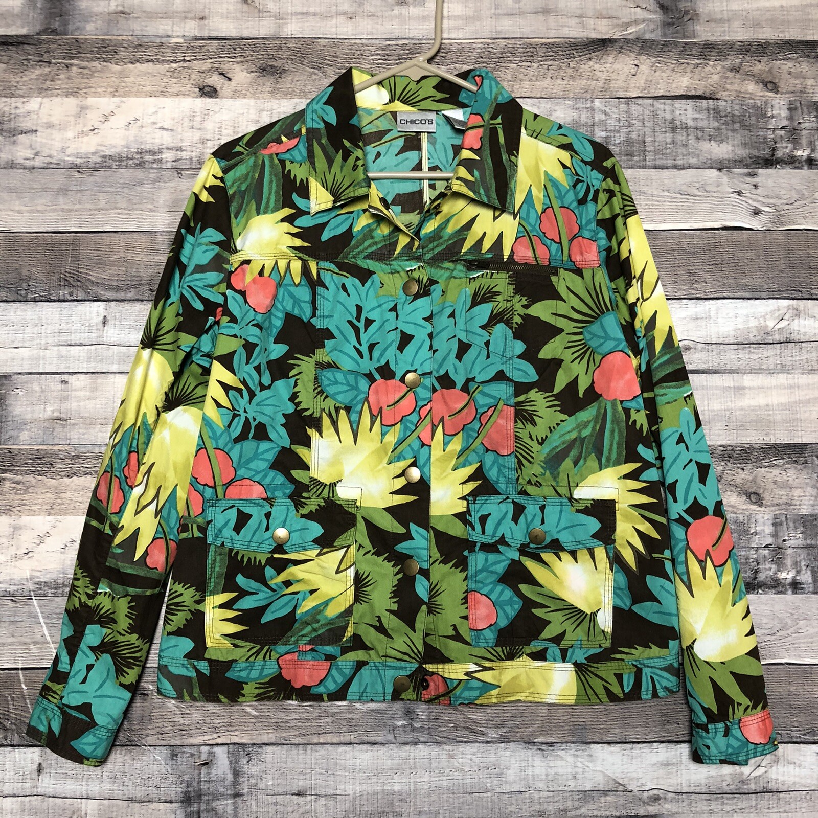 Chico's Tropical Print Cotton Jacket w Pockets Long Sleeve Size 1 ...