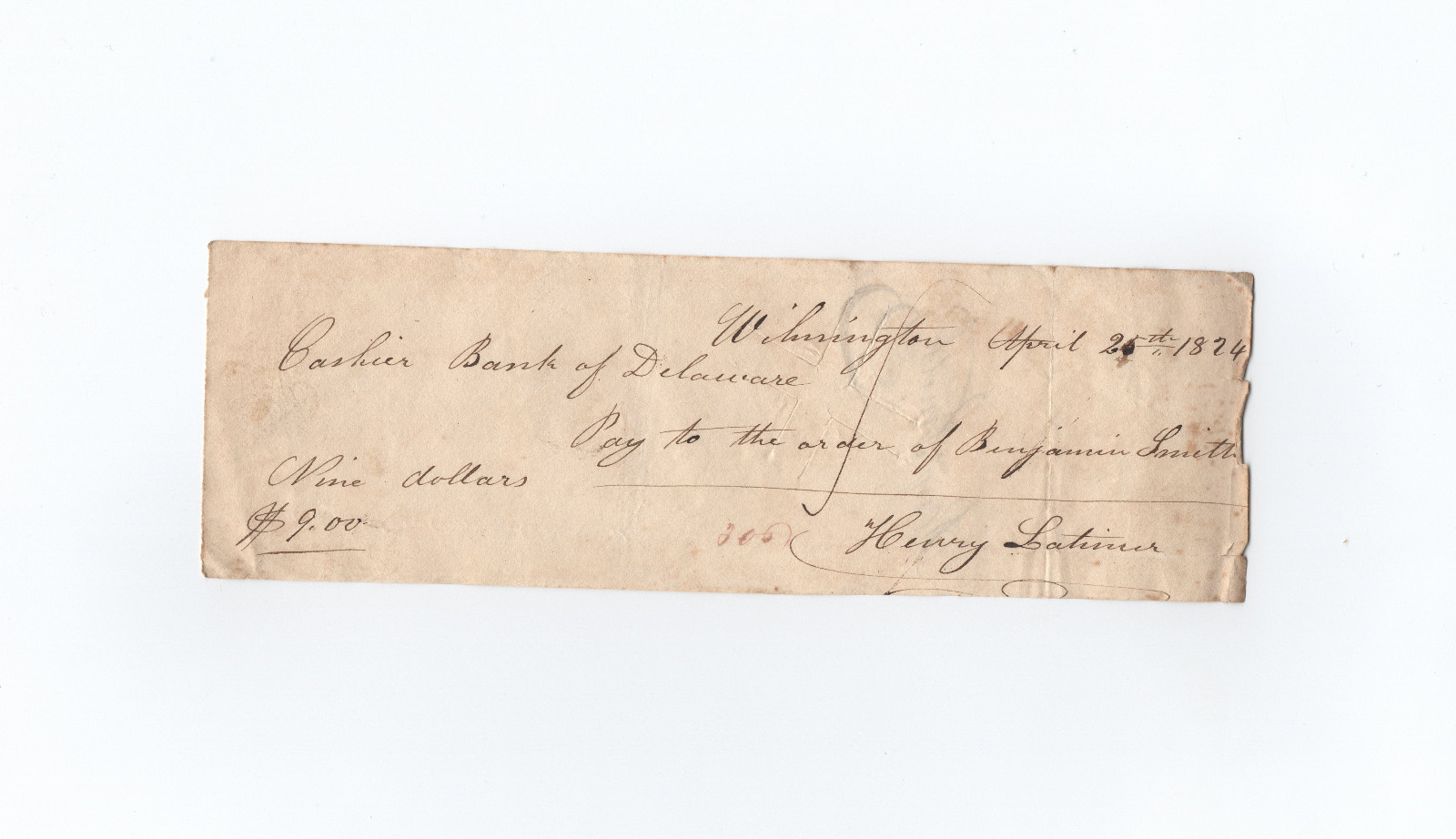 Henry Latimer Jr. SIGNED 1824 check President, Bank of Delaware ...