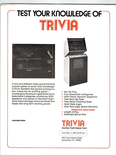 Trivia Arcade FLYER Original Ramtek Vintage Retro 1975 Video Game ...