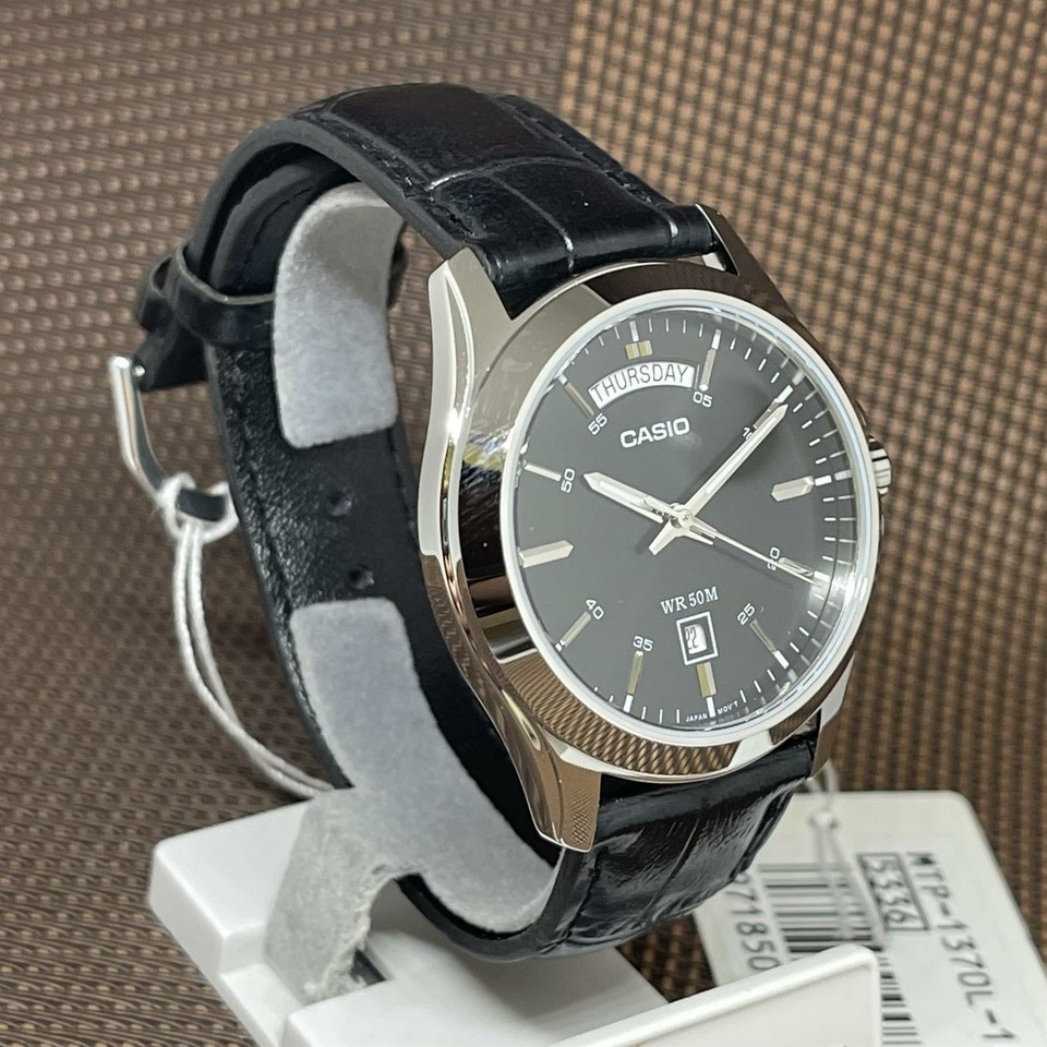 Casio MTP-1370L-1A Analog Black Dial Black Leather Strap Men's Watch | eBay