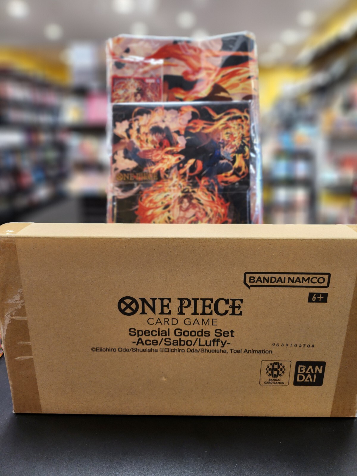 One Piece Ace / Sabo / Luffy Playmat, Promo Card and Storage Box Set ...