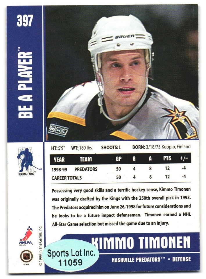 Kimmo Timonen Autographed 1999 Be a Player Memorabilia Card #397 ...