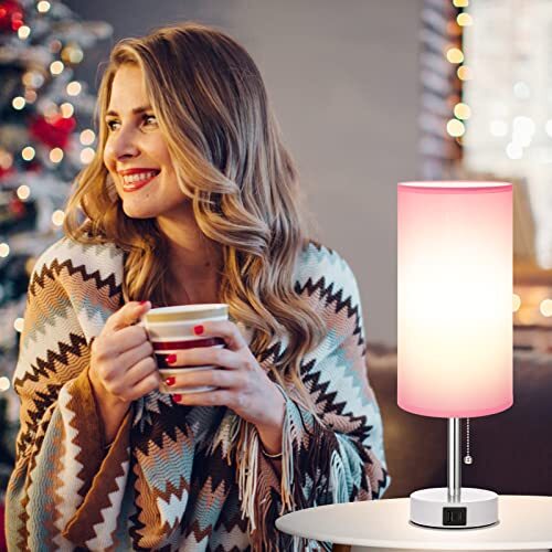 Nightstand Lamp with Color Modes - Pink Bedroom Lamp with USB Charging ...