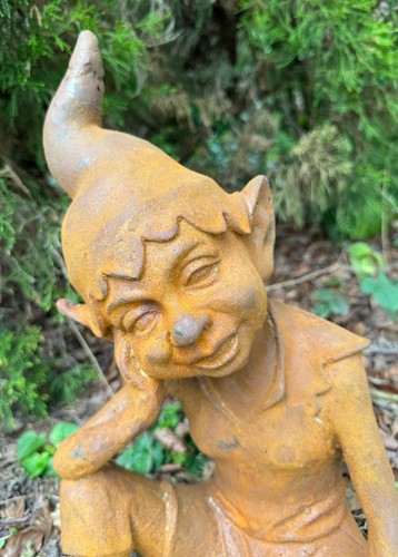 Cast Iron Seated Pixie Elf Goblin Gnome - Outdoor Garden Statue ...