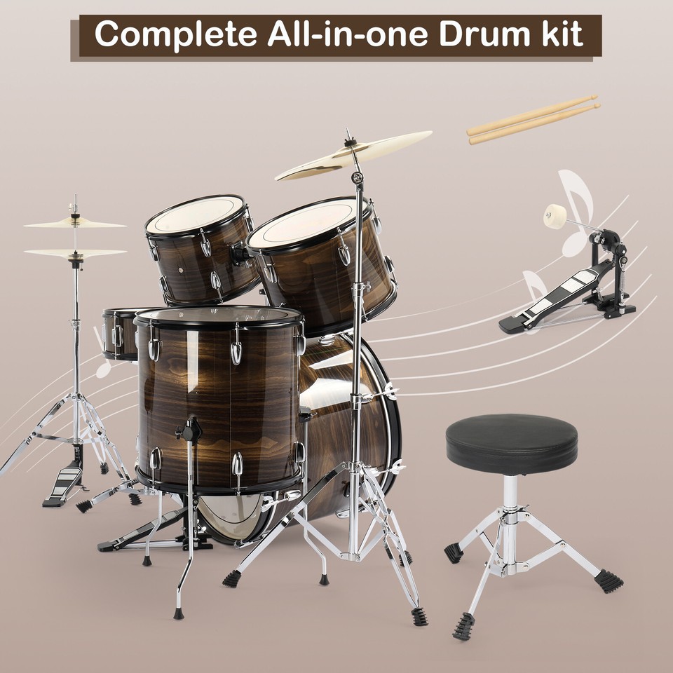 5pc Complete Full Size Pro Adult Drum Set Kit - Remo Heads, Brass ...