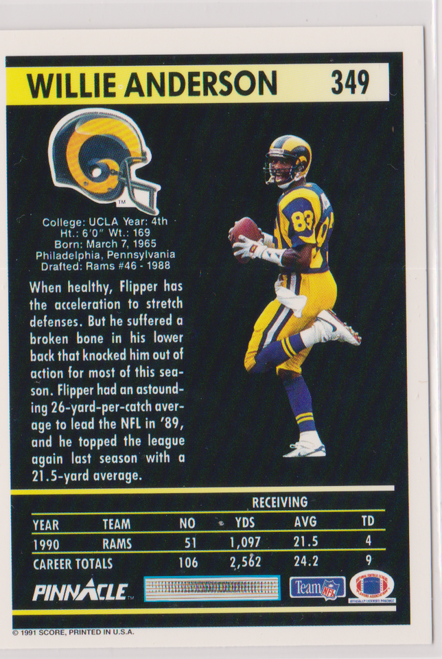Willie ""FLIPPER"" Anderson Rams Wide Receiver 1991 Pinnacle Card #349 ...