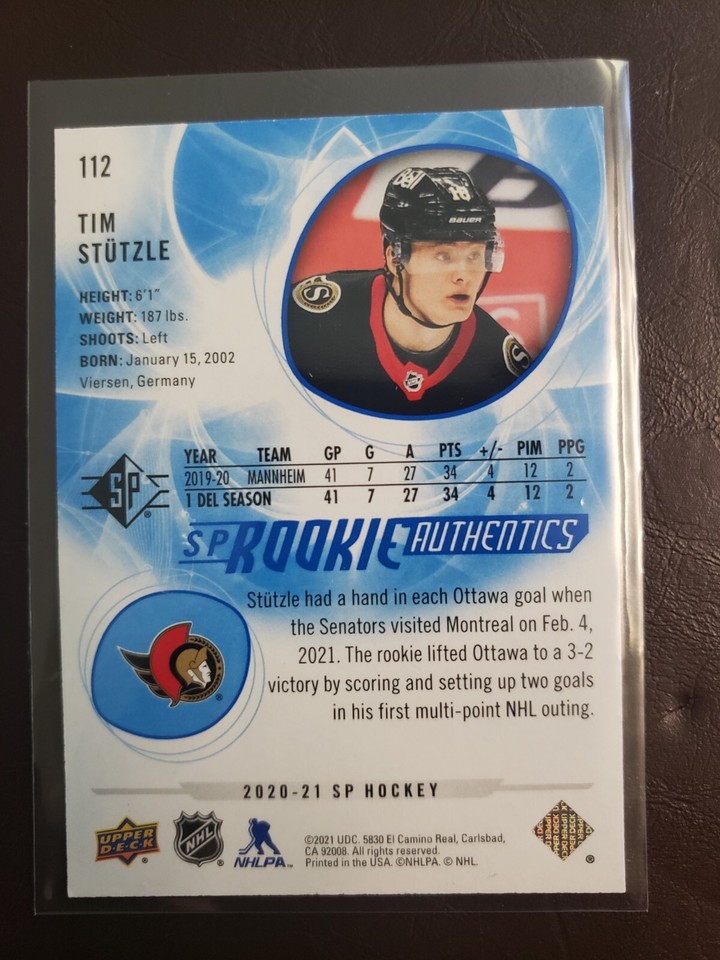 2020-21 Tim Stutzle SP Rookie Authentics Ottawa Senators Hockey | eBay