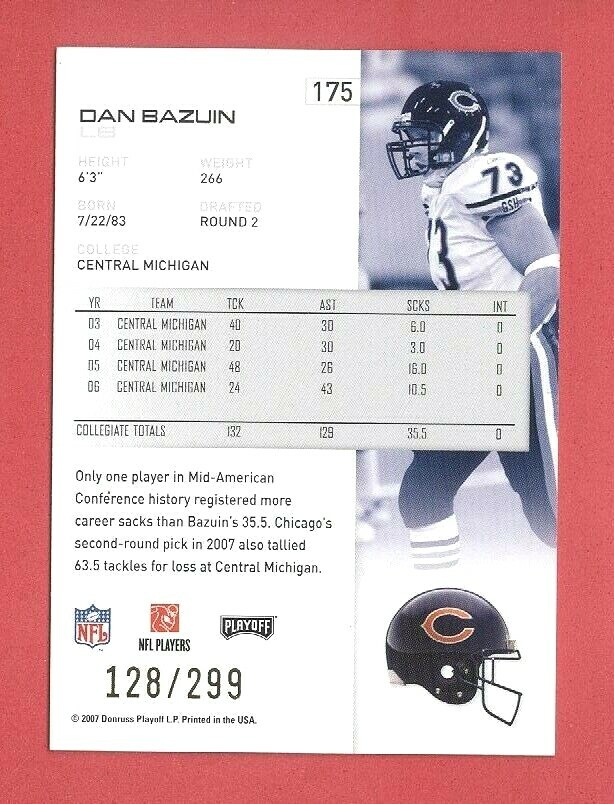 2007 PLAYOFF NFL PLAYOFFS (FB) Dan Bazuin SP HOLO-FOIL RC CARD #175 ...