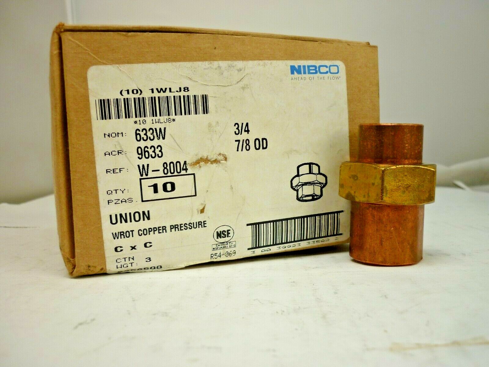 NIBCO Union Wrot Copper Pressure CxC 3/4" ID - 7/8" OD 1WLJ8 (10 Per ...