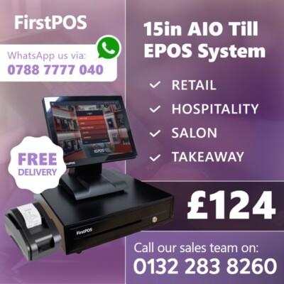 FirstPOS 15in Touch Screen EPOS POS Cash Register Till System Bed and ...
