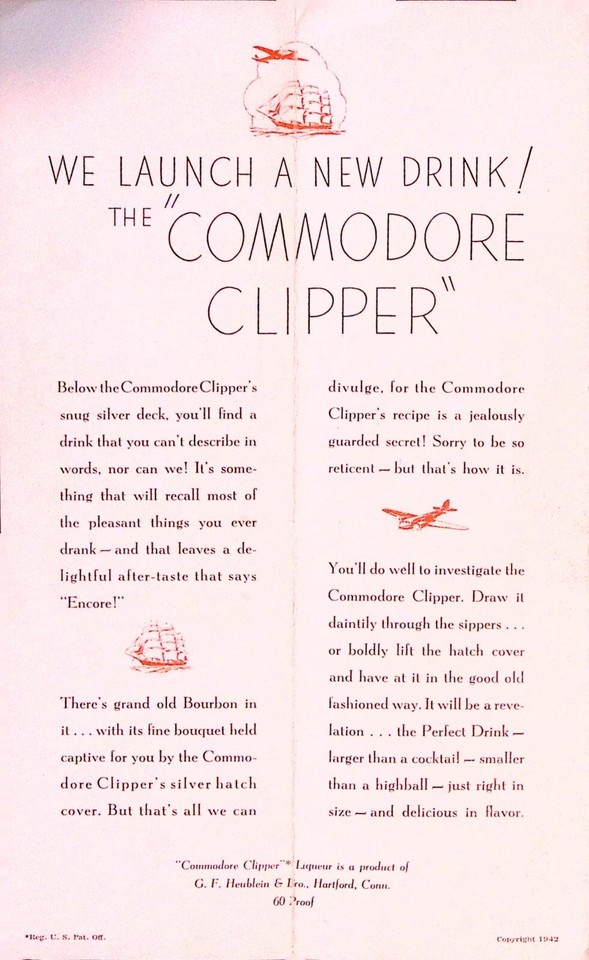 Commodore Clipper Liqueur Advertising Flyer Brochure 1942 Alcohol ...