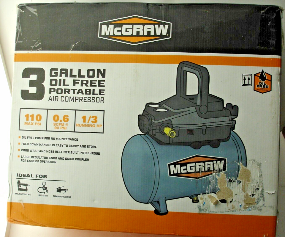 MCGRAW 3 Gallon Hotdog Air Compressor 1/3 HP 110 PSI Low Profile Oil ...